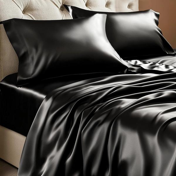 商品名:  BEDELITE Satin Sheets Full Size Bed Set, Luxury Soft Black Silky Sheets for Hair and Skin, Similar to Silk Bed She...