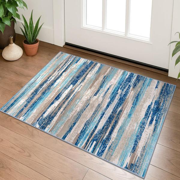 商品名: Modern Abstract Rugs for Entryway 2x3 Blue Washable Bedroom Rugs Non-Slip Soft Small Kitchen Rug Soft Door Mat Indo...