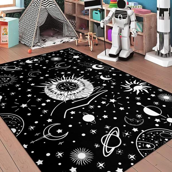 商品名:  Celestial Rug - Sun and Moon Galaxy Solar System Area Rug Black and White Starry Sky Stars Carpet Room Decor Plane...