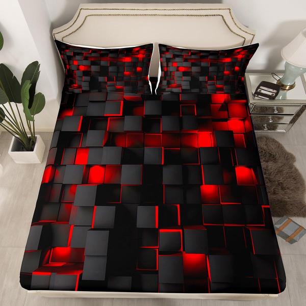 商品名: Feelyou 赤と黒のベッドシーツセット クイーンサイズ ライトジオメトリック フィットシーツ キッズ 男の子 女の子 装飾 寝具セット モダンなベッドカバー 深いポケット Feelyou Red and Black Bed S...