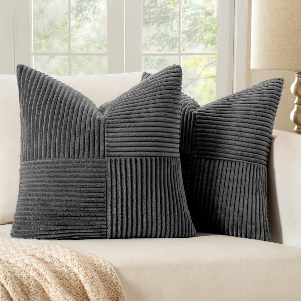 商品名: MIULEE グレー 装飾クッションカバー 18x18インチ カウチ/ベッド/ソファ用 ボーホーファームハウス スローピロー ソフトクロスコーデュロイパッチワーク テクスチャードクッションケース MIULEE Grey Decor...