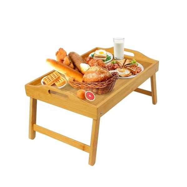 商品名: MorTime (モータイム) ベッドトレイテーブル 折りたたみ脚付き 竹製 朝食トレイ ハンドル付き ベッド ソファ 食事 仕事用 折りたたみ式 ノートパソコン デスク フードスナックトレイ サービングトレイ, T-BS-088...