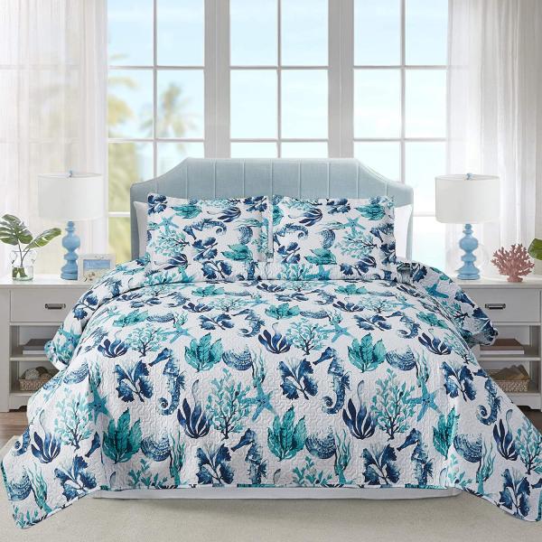商品名:  Hailea Beach Quilt Sets King Size Ocean Theme Bedspread Coastal Bedding Set Blue Seahorse Starfish Shell Quilts Li...