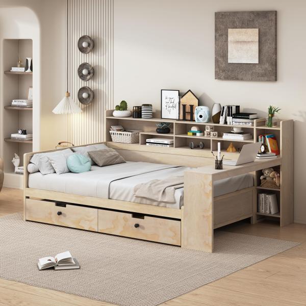 商品名:  Tdewlye Multi-Functional Wooden Full Size Daybed with Storage Shelves and Two Storage Drawers and Study Desk, Dayb...