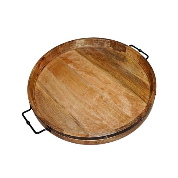商品名: A Sight Beyond 24インチ 特大ラウンドオットマントレイ - 高耐久マンゴーウッドサービングトレイ ? 多目的木製トレイ ? 鋳造アルミニウム&amp;亜鉛メッキ鉄製 ? ハンドル付き素朴なトレイ ? 24インチ 2...