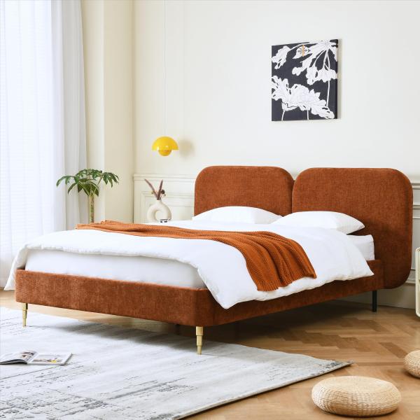 商品名: HCZCZX クイーンサイズベッド ヘッドボード付き 布張りのプラットフォームベッド 木製すのこサポート付き 電気メッキメタルフィート ボックススプリング不要 組み立て簡単 (OCHER, クイーン) HCZCZX Queen S...