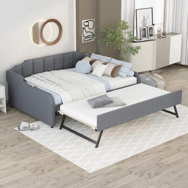 商品名:  Full Size Upholstered Daybed with Trundle and USB Charging Design,Trundle can be Flat or Erected, with Wood Slats,...