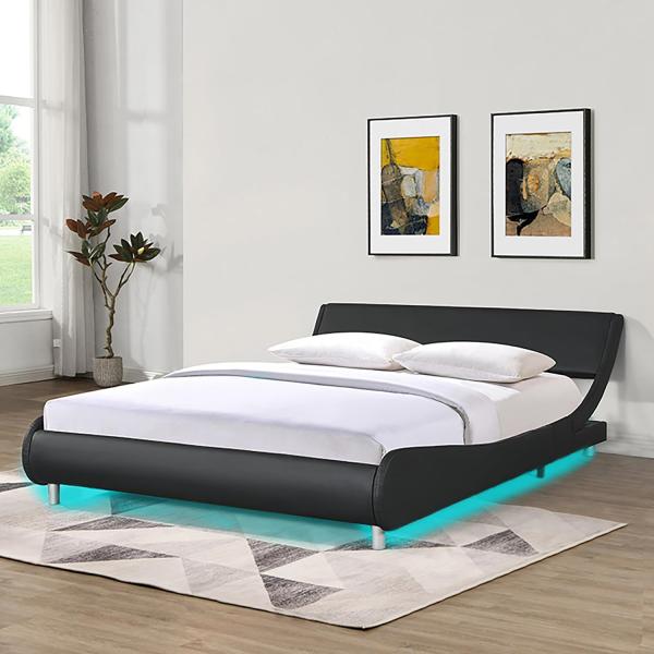 商品名:  Majnesvon Queen Size Faux Leather Upholstered Platform Bed Frame, LED Lighting with Remote Controller and APP, Cur...