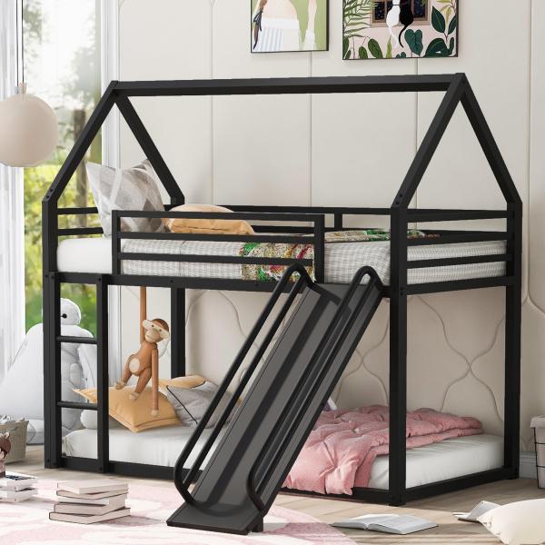 商品名:  Morhome Twin Over Twin Bunk Bed House Bed with Slide, House Shaped Metal Low Bunk Bed Frame w/Full-Length Guardrai...