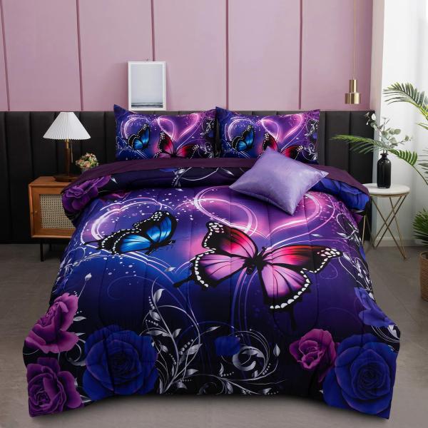 商品名:  A Nice Night Galaxy 6pcs Bed in A Bag Purple and Blue Dreamy 3D Butterfly Printed, Butterflies Bedding Queen Comfo...
