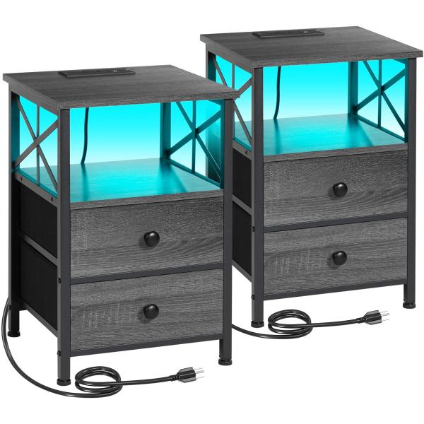 商品名:  AMHANCIBLE Night Stand Set 2, LED Nightstand with Charging Station, End Tables Living Room with Fabric Drawers, Be...