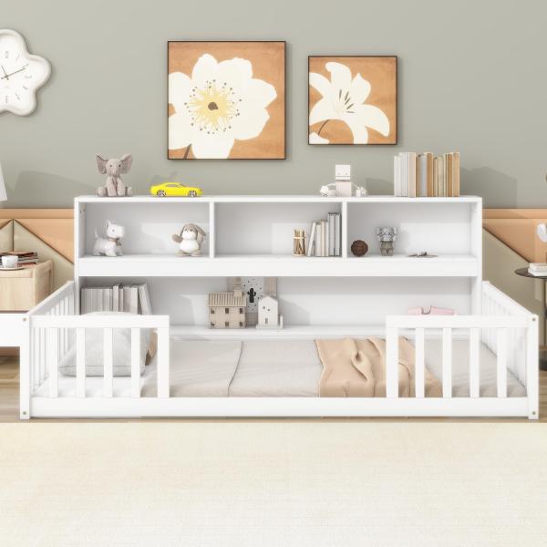 商品名:  Floor Bed with Rails Twin Size, Wood Montessori Floor Bed with Storage Bookcase, Kids Bed Frame with Fence and She...