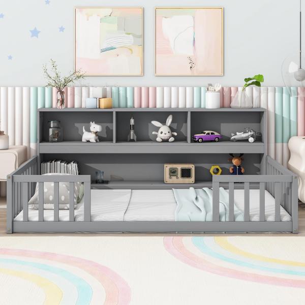 商品名:  Bellemave Floor Bed with Rails Twin Size, Wood Montessori Floor Bed with Storage Bookcase, Kids Bed Frame with Fen...