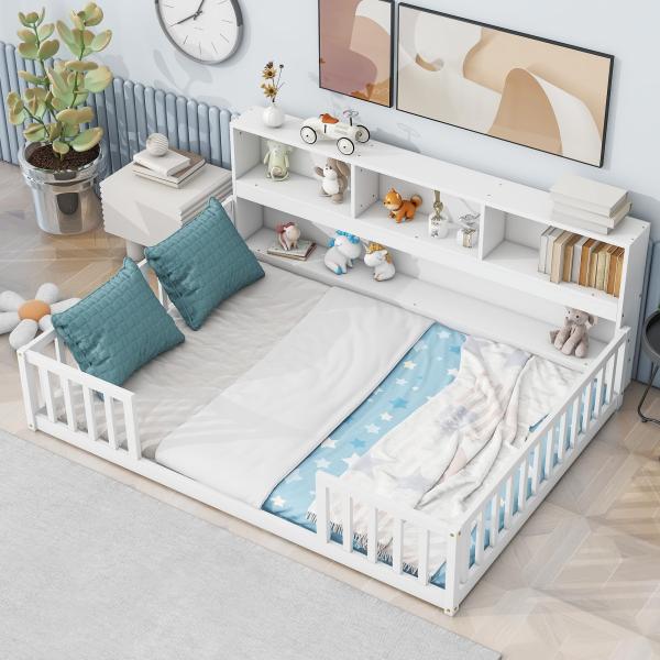 商品名:  SOFTSEA Full Size Floor Bed with Bedside Bookcase and Storage Shelves, Solid Wood Day Bed Frame with Guardrails fo...