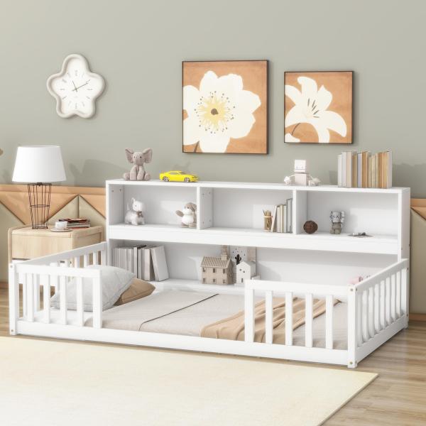 商品名:  SOFTSEA Floor Bed Frame Twin Size with Bedside Bookcase and Storage Shelves, Solid Wood Floor Bed Frame with Guard...