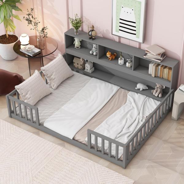 商品名:  SOFTSEA Full Size Floor Bed with Bookcase for Kids, Solid Wood Daybed with Guardrails and Storage Shelves for Boys...