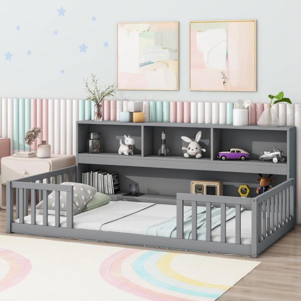 商品名:  SOFTSEA Floor Bed Frame Twin Size with Bedside Bookcase and Storage Shelves, Solid Wood Floor Bed Frame with Guard...