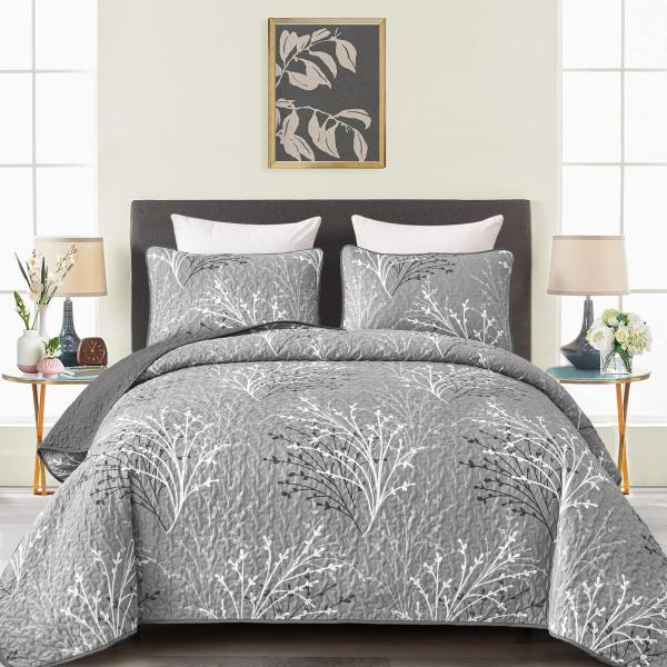 商品名: DJY Grey Quilt Set King Size - Branch Botanical Pattern Bedspread Coverlet Set, 3 Pieces Gray Floral Quilt Bedding ...