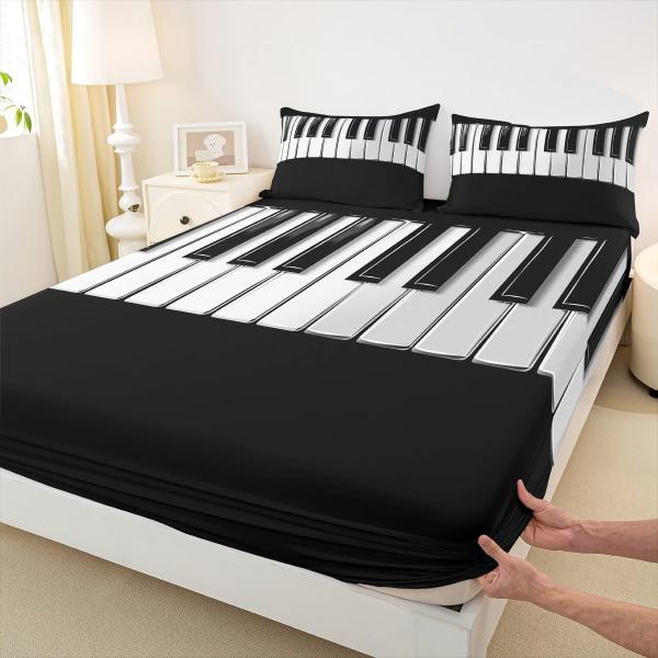 商品名: Castle Fairy ピアノベッドシーツセット ピアノキー フィットシートセット ティーンズルーム装飾 モダン楽器 寝具セット 黒と白のベッドカバー 深いポケット付き,フラットシーツなし、フルサイズ Castle Fairy ...