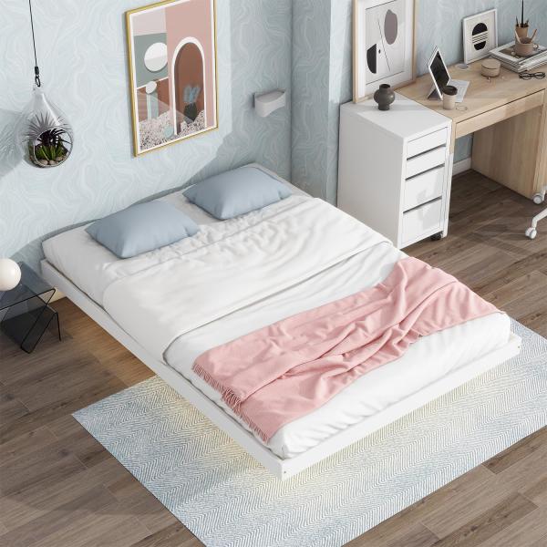 商品名: 10.5インチ クラシック ロープロファイル フローティング ソリッドウッド プラットフォームベッド、フロアベッドフレーム LEDアンビエント照明付き、和風デザイン ヘッドボードなし 組み立て簡単 ボックススプリング不要 (ホワイ...