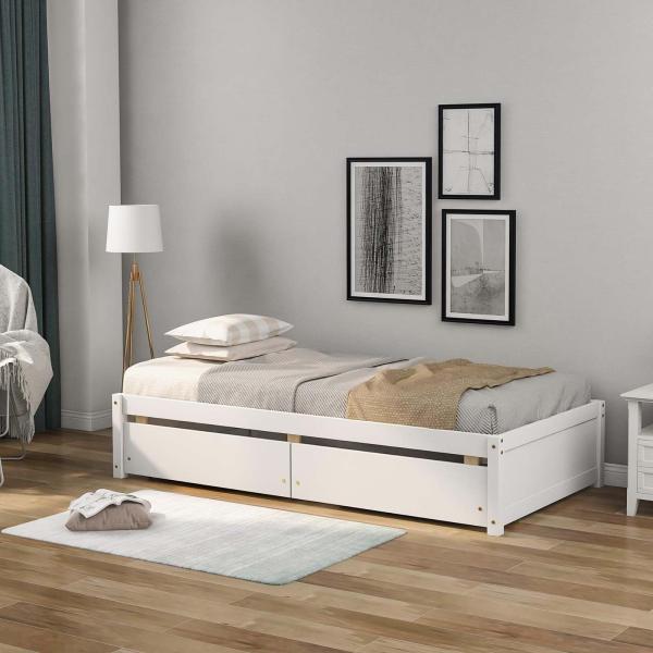 商品名:  Twin Size Simple Platform Bed with 2 Storage Drawer, Country Wooden Platform Bed Frames with Solid Wood Slat, No B...
