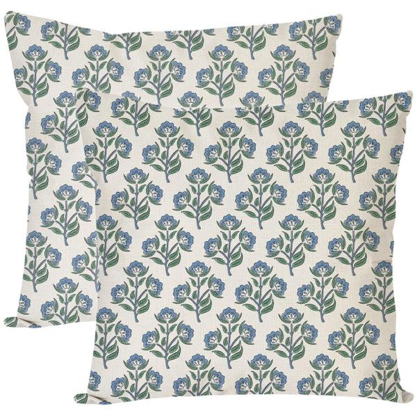 商品名:  PANDICORN Block Print Pillow Covers 18x18 Inch Set of 2 Vintage Blue Green Floral Boho Outdoor Farmhouse Spring Su...