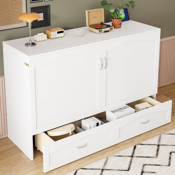 商品名: ホワイト クイーンサイズ マーフィーベッド ウォールベッド 収納引き出し付き 木製マーフィーベッドチェスト ソケットとUSBポートのセット付き プーリー構造デザイン 折りたたみ式プラットフォームベッド ホームオフィス 小部屋用 W...