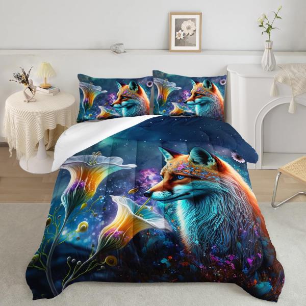 商品名:  AILONEN Fox Comforter Set Twin Size,Galaxy Flower Fox Bedding Set for Kids Boys Girls,3 Pieces Lily Wildlife Fox B...