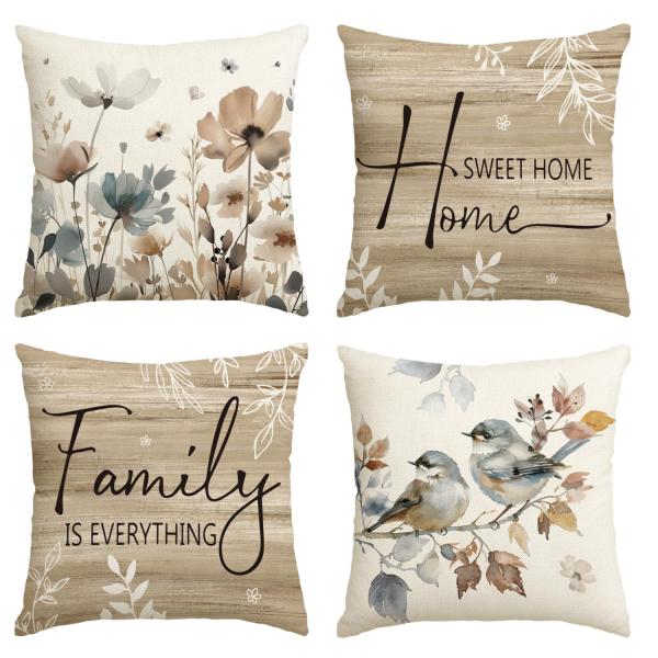 商品名:  AVOIN colorlife Chinoiserie Poppy Flowers Chickadee Spring Home Sweet Home Throw Pillow Covers, 18 x 18 Inch Fall ...