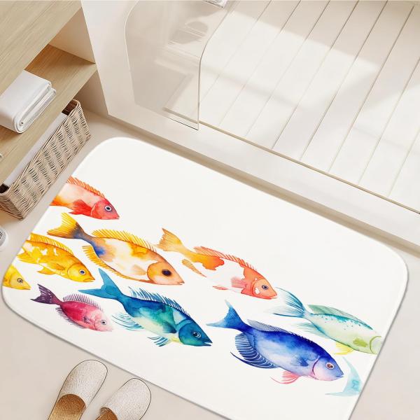 商品名: かわいい カラフル フィッシュ バス ラグ 漫画 面白い フラットフィッシュ クリア ネイチャー アート シャワー マット 海洋 動物 バスルーム 装飾セット イミテーション カシミア ドア ラグ ノンスリップ ラバー バッキング...