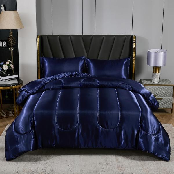 商品名:  Satin Comforter Set King Silk Like Silky Bedding Set Luxury Hotel Silky Bed Home Deocr Navy Blue Soft Down Comfort...
