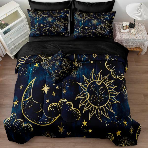 商品名:  Merryword 6 Pieces Universe Bed in a Bag Sun and Moon Comforter Set Twin Size Galaxy Bedding Blue Gold Moon Star P...