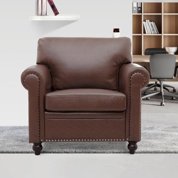 商品名:  Brown Leather Accent Sofa Chair with Rivet Rolled Arm, Modern Mid Century Wingback Club Chair for Living Room Apar...