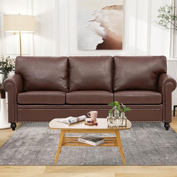 商品名:  84'' Brown Faux Leather 3 Seater Couches with Rivet Rolled Arm, Modern Mid Century Sofas for Living Room Apartment...