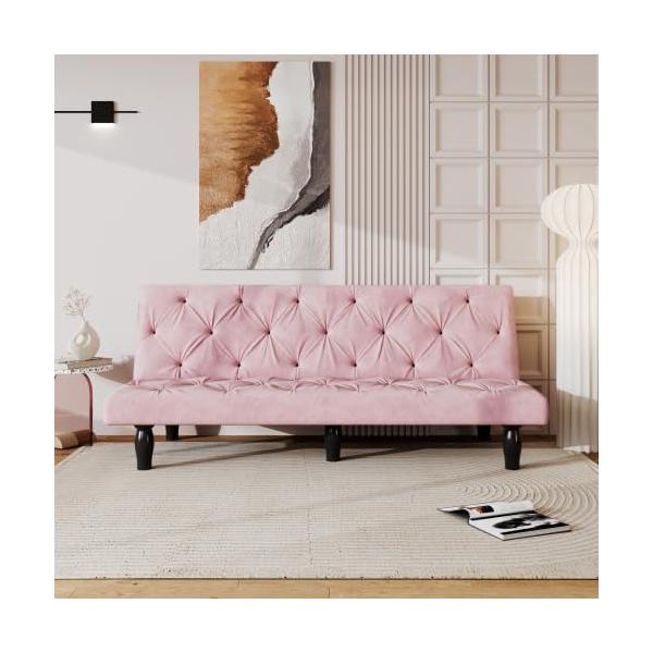 商品名:  anwickjeff 66'' Pink Velvet Convertible Futon Sofa Bed, Mid Century Small Green Couch Sleeper Loveseat with Golden...
