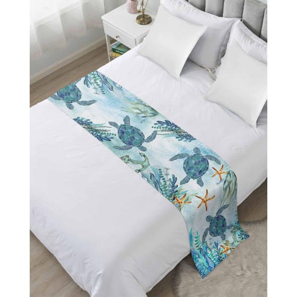 商品名:  DecorLovee Coastal Sea Turtle Bed Runners for Cal King Size Bed, Bed Throws for Foot of Bed, Teal Blue Nautical Su...