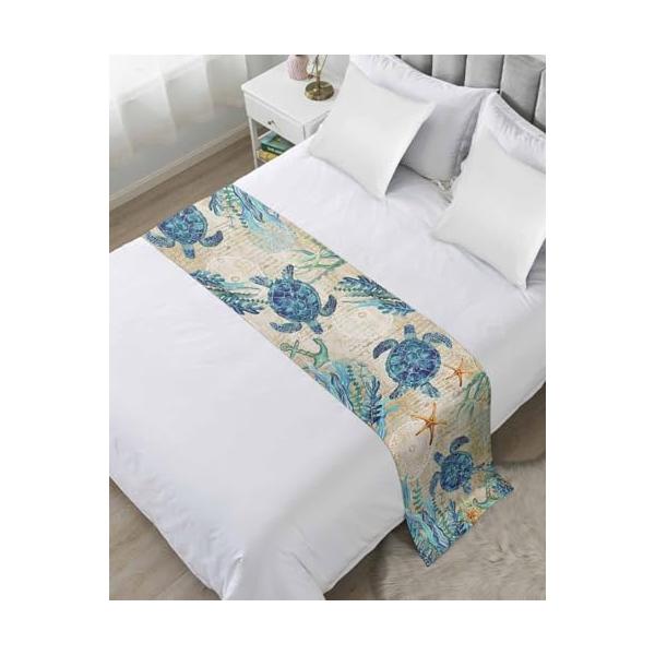 商品名: DecorLovee コースタル ウミガメ ベッドランナー キングサイズベッド用 ベッドの足用ベッドスロー ヴィンテージ ティールブルー ノーティカル サマー ビーチ コーラル ベッド ランナー ソファ スロー 寝具 スカーフ プ...