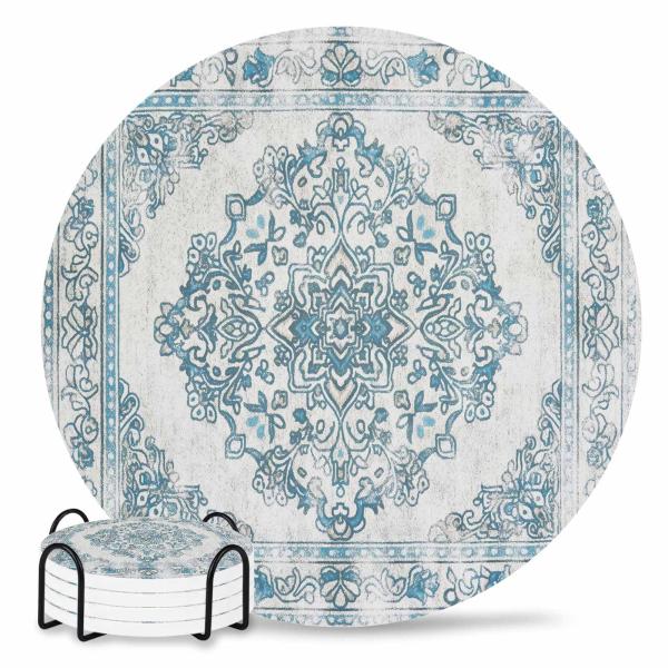 商品名:  Coasters Set of 4 Blue Boho Tribal Drink Coasters with Holder Absorbent Stone Ceramic Cup Mat Retro Bohemian Ethni...