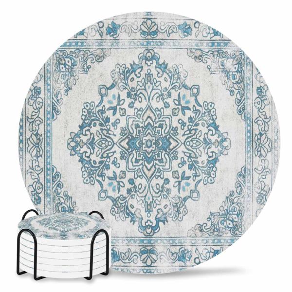 商品名:  Coasters Set of 6 Blue Boho Tribal Drink Coasters with Holder Absorbent Stone Ceramic Cup Mat Retro Bohemian Ethni...