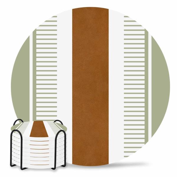 商品名:  Coasters Set of 8 Sage Green Boho Drink Coasters with Holder Absorbent Stone Ceramic Cup Mat Brown Stripes Bohemia...