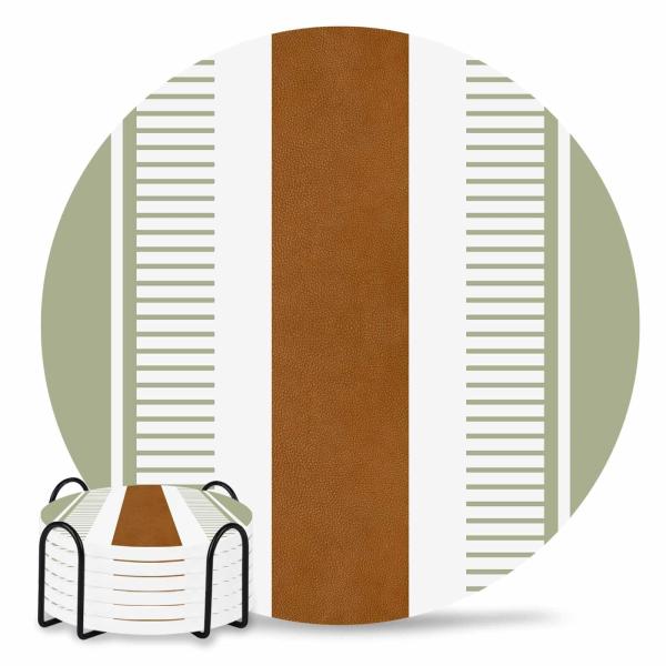 商品名:  Coasters Set of 6 Sage Green Boho Drink Coasters with Holder Absorbent Stone Ceramic Cup Mat Brown Stripes Bohemia...