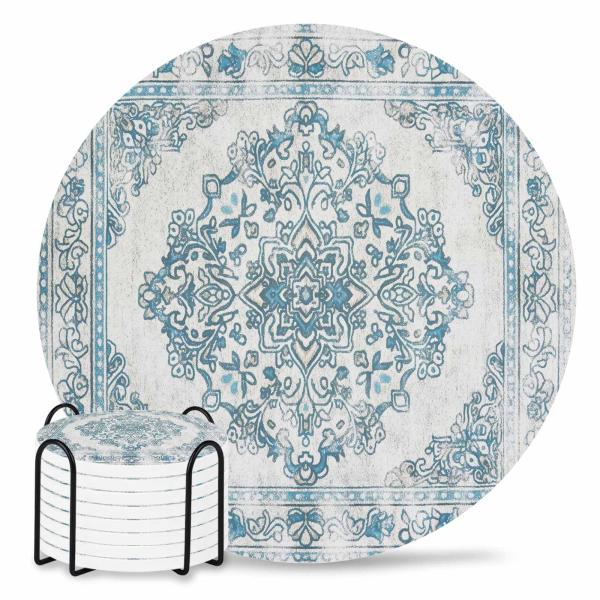 商品名:  Coasters Set of 8 Blue Boho Tribal Drink Coasters with Holder Absorbent Stone Ceramic Cup Mat Retro Bohemian Ethni...