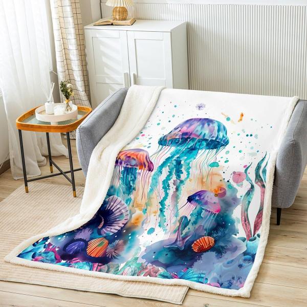 商品名: Feelyou クラゲフリーススローブランケット クイーン 90インチx90インチ オーシャンプラッシュブランケット ベッド ソファ カウチ 男の子 女の子 海の生き物 水中 世界 シェルパブランケット 通気性 海洋生物 シーライ...