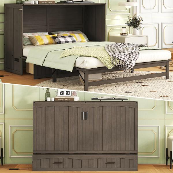 商品名:  Harper &amp; Bright Designs Murphy Bed Cabinet Queen with Storage Drawer and Charging Station, Wooden Foldable Mur...