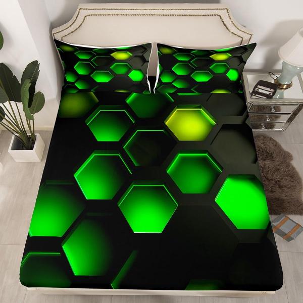 商品名: ハニカムヘキサゴンボックスシーツフルサイズ、グリーンイエローネオンライトモダン幾何学マットレスカバー(フィット1枚+枕カバー2枚)、3D抽象アートブラックジオメトリックオールラウンドゴムポケットベッドカバー、ポリエステル Hone...