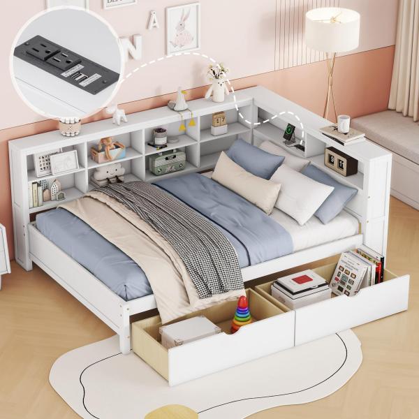 商品名:  SOFTSEA Full Size Daybed with Storage Drawers and Bookcase, Wood Corner Bed with USB Ports and L-Shape Headboard, ...