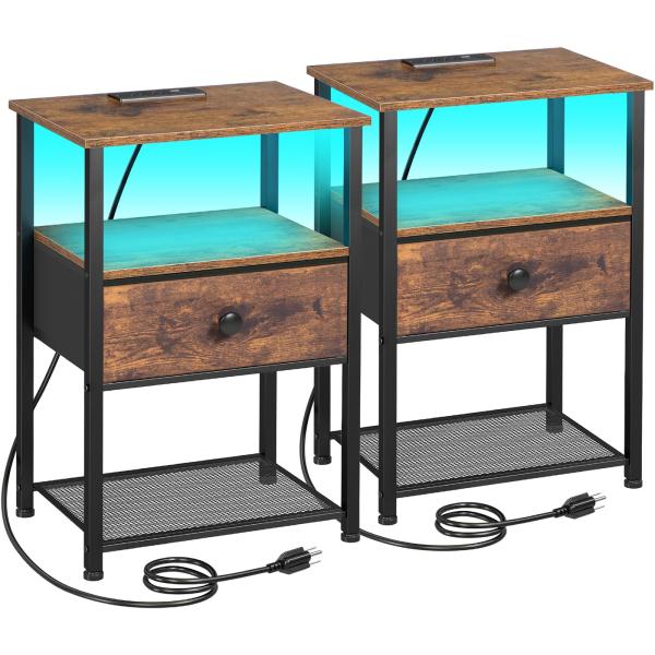商品名:  LOAKEKEL Night Stand Set 2, LED Nightstand with Charging Station, End Tables Living Room with Fabric Drawer for Sm...