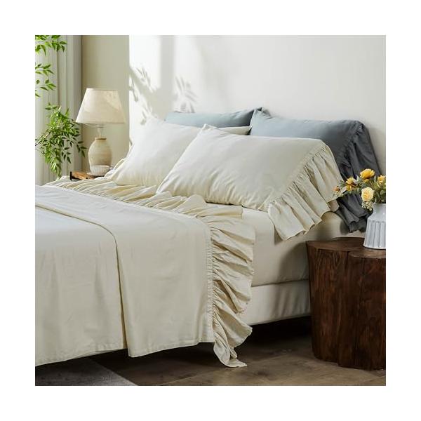 商品名: Simple&amp;Opulence オーガニックコットン100%シーツセット、ロングフリルベッドシーツ(フラットシーツ1枚、ボックスシーツ1枚、枕カバー2枚)エレガントシャビーシック寝具 ファームハウス チャーミングヴィンテー...