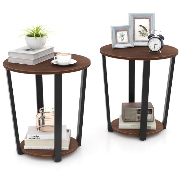 商品名:  GOFLAME Round End Table Set of 2, 2-Tier Sofa Side Table with Storage Shelf, Small Nightstand with Metal Frame, In...