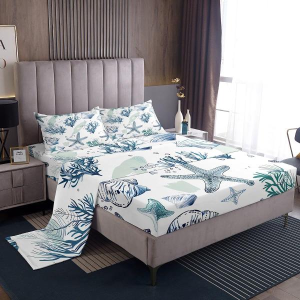 商品名:  Erosebridal Coastal Bed Sheets Set Queen Nautical Beach Sheet Set for Teens Boys Hand Drawn Starfish Seaweed Seash...